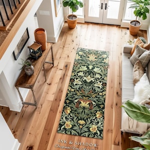 Emerald Green Floral Dark Botanical Runner Art Deco Rug Whimsical ...