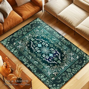Deep Sea Green Room Accent Rug Classic Ornate Statement Rug With Blue ...