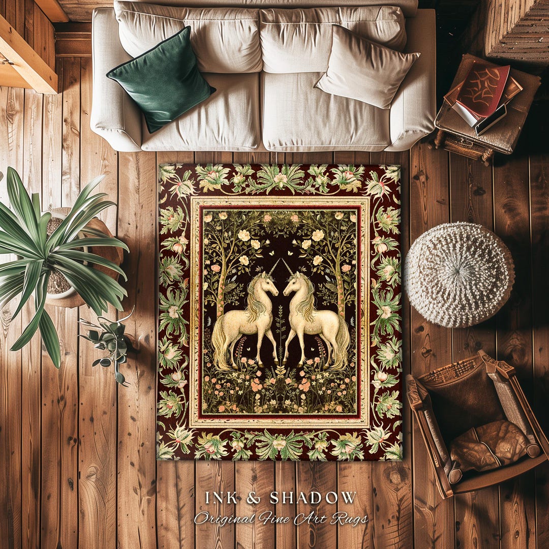Mystic Storybook Aesthetic Unicorn Rug | Whimsical Sage Green Ornate ...