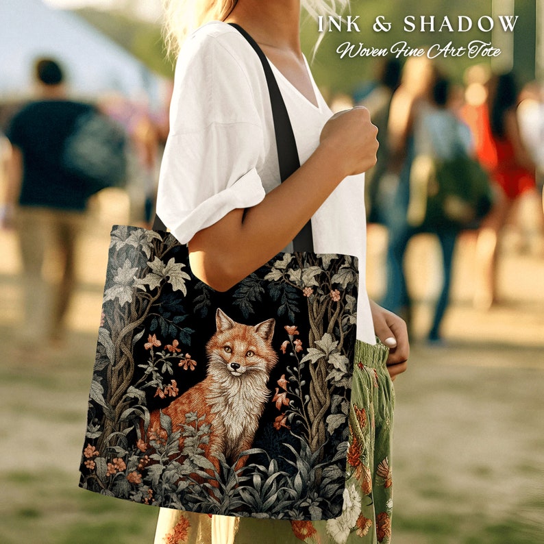Boho Botanical Fox Tapestry Tote | Dark Cottagecore William Morris ...