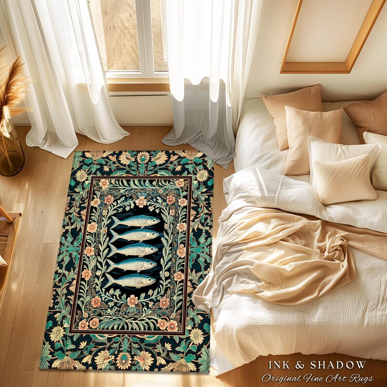 Mystical Floral Underwater Fish Rug | Antique Sardine Art Ocean Decor ...