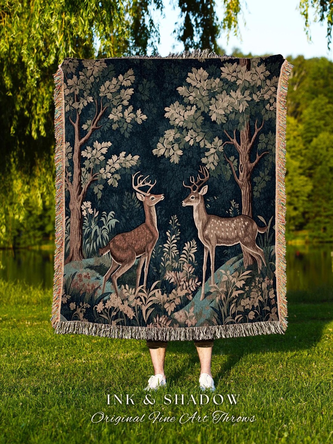 Woven Deer Folk Art Tapestry Blanket Woodland Cottagecore Throw William ...