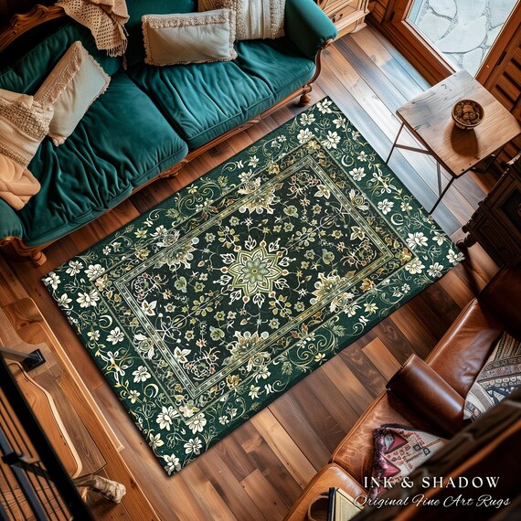 Moody Emerald Green Area Rug Persian Green Floor Rug Ornate Rug With Blue Green Detail Dark Academia Victorian Gothic Aesthetic Dark Teal Etsy