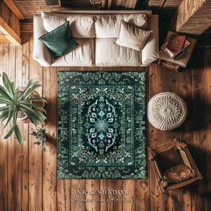 Deep Sea Green Room Accent Rug Classic Ornate Statement Rug With Blue ...