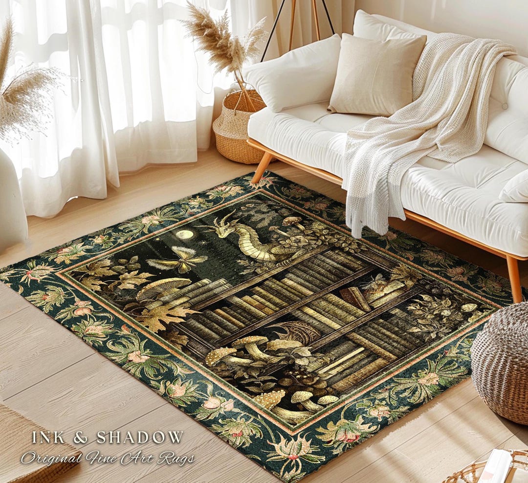 Enchanted Library Dragon Rug Mystical Dark Academia Bookshelf Fantasy ...