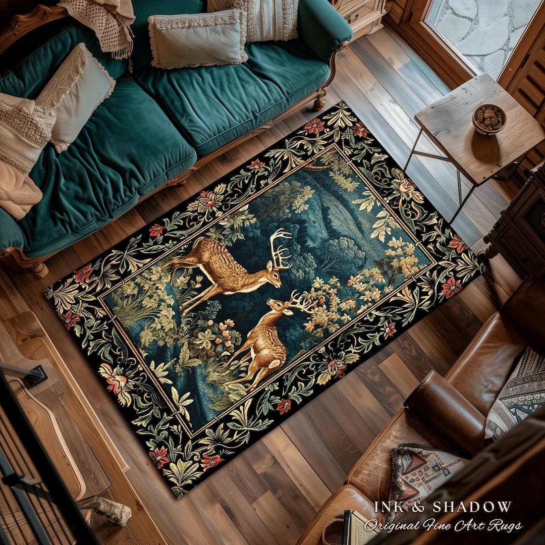 Mystical Deer Area Rug Cottagecore Room Decor William Morris Inspired ...