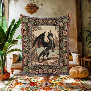 Dark Maximalist Dragon Throw Blanket Woven | Victorian Floral Woodland ...