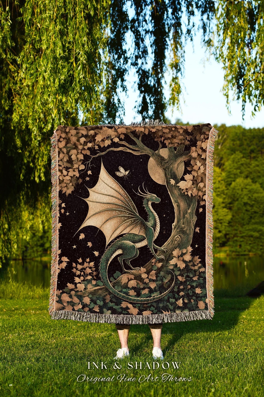 Gilded Hygge Antique Mystical Dragon Blanket Moonlit Forest Fantasy Art ...