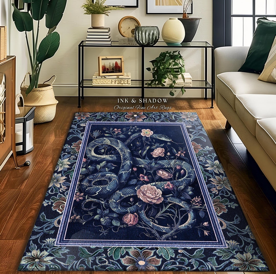 Midnight Blue Dark Floral Serpent Rug Whimsical Vintage Botanical Snake ...