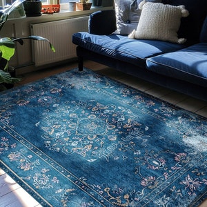 Navy Blue Elegant Aesthetic Rug | Modern Living Room Indigo Home Decor ...