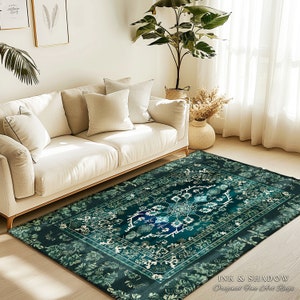Deep Sea Green Room Accent Rug Classic Ornate Statement Rug With Blue ...