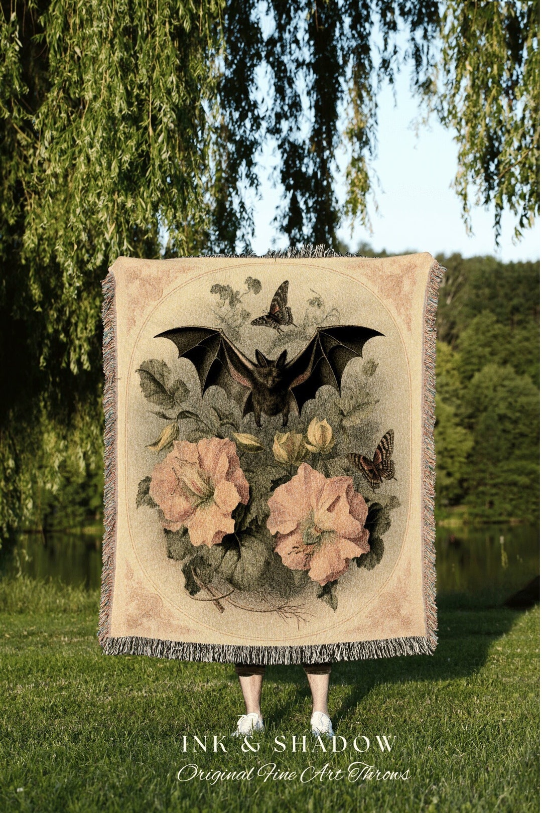 Bat Lithograph Antique Tapestry Blanket Woven Wall Hanging | Bat Decor ...