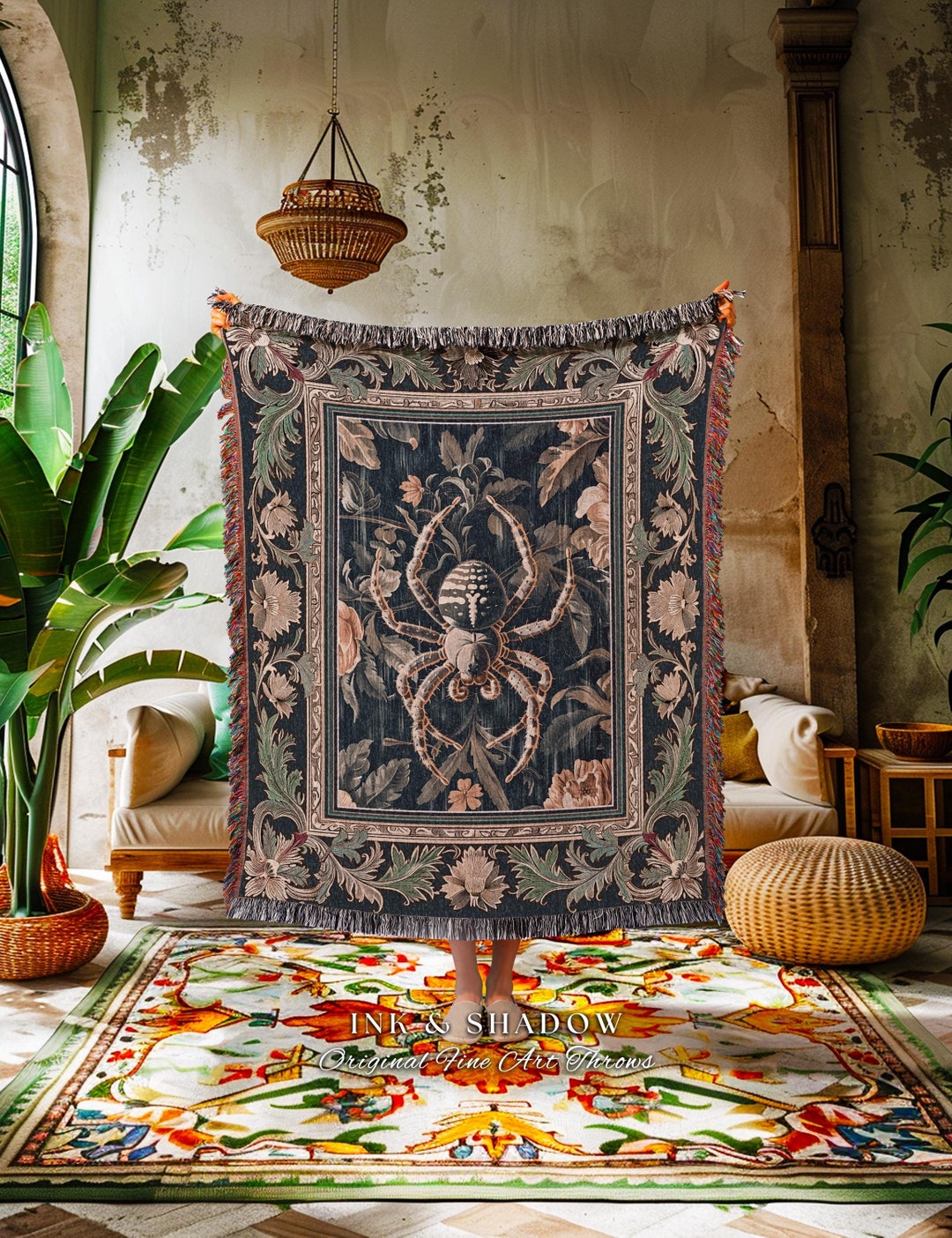 Victorian Gothic Spider Tapestry Throw Dark Academia Botanical Blanket ...