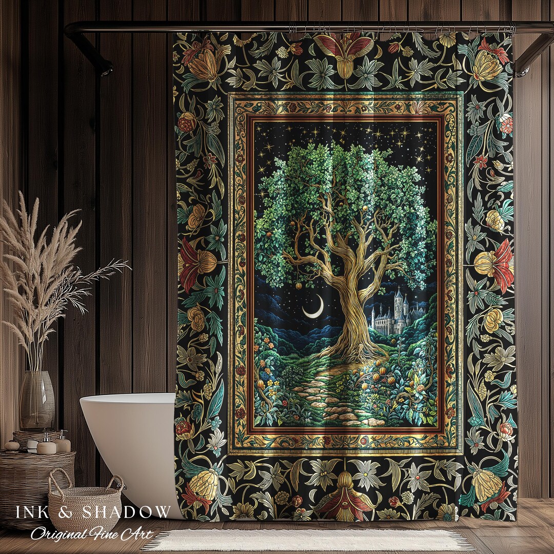 Fantasy Castle Tree of Life Shower Curtain | Celestial Moon Decor Star ...