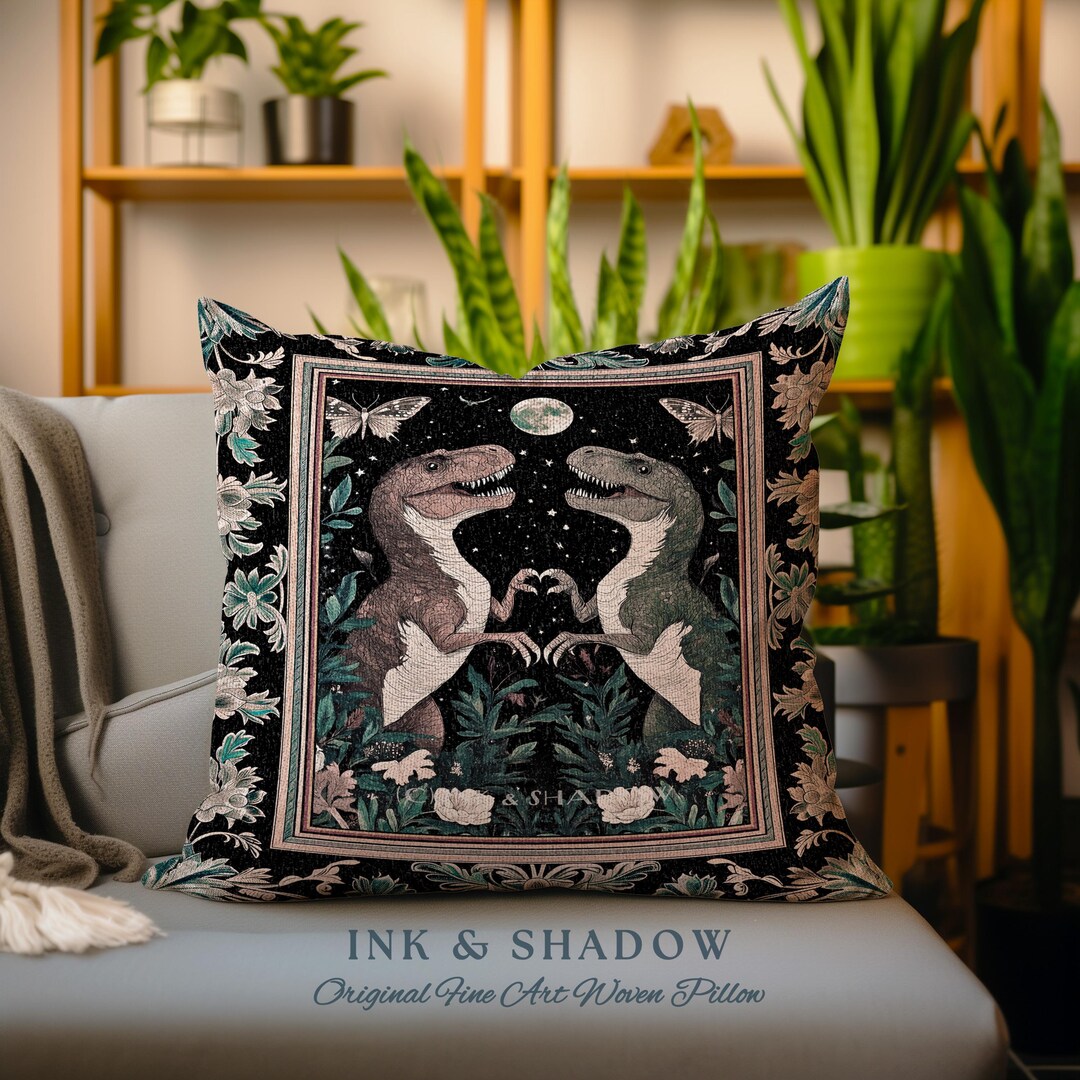 T-rex Whimsical Academia Pillow | Dinosaur Woven Cushion Ornate ...