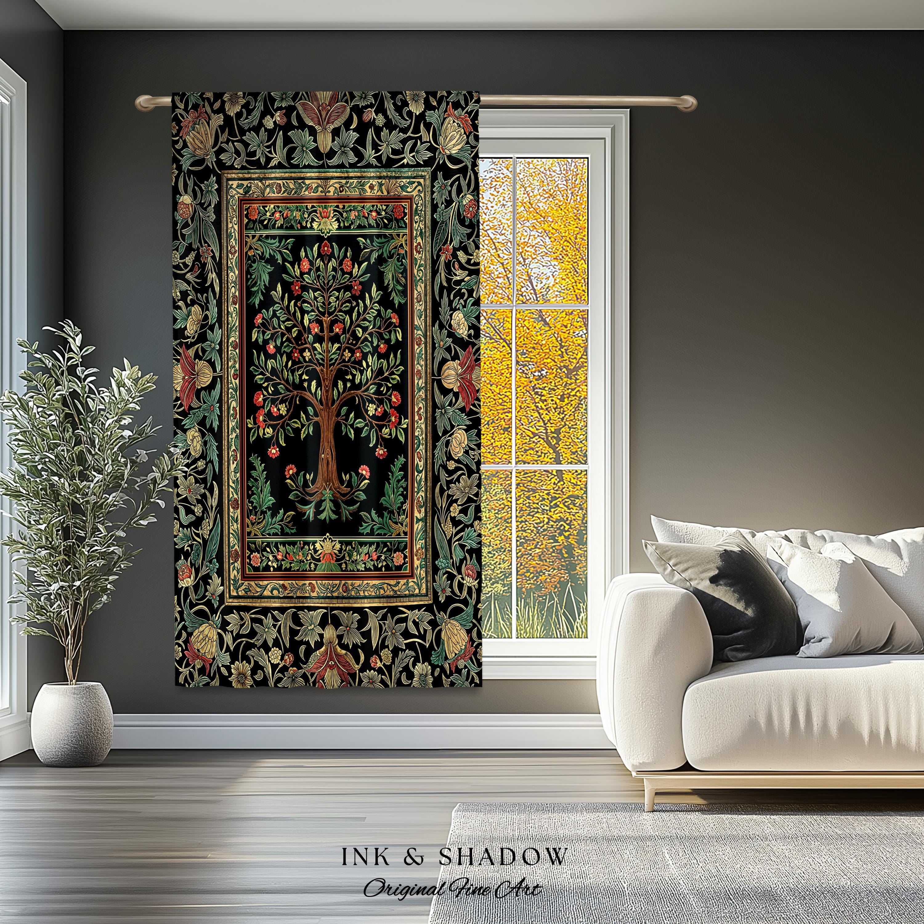 Medieval Folk Art Dark Floral Curtain | Ornate Tree of Life Morris ...