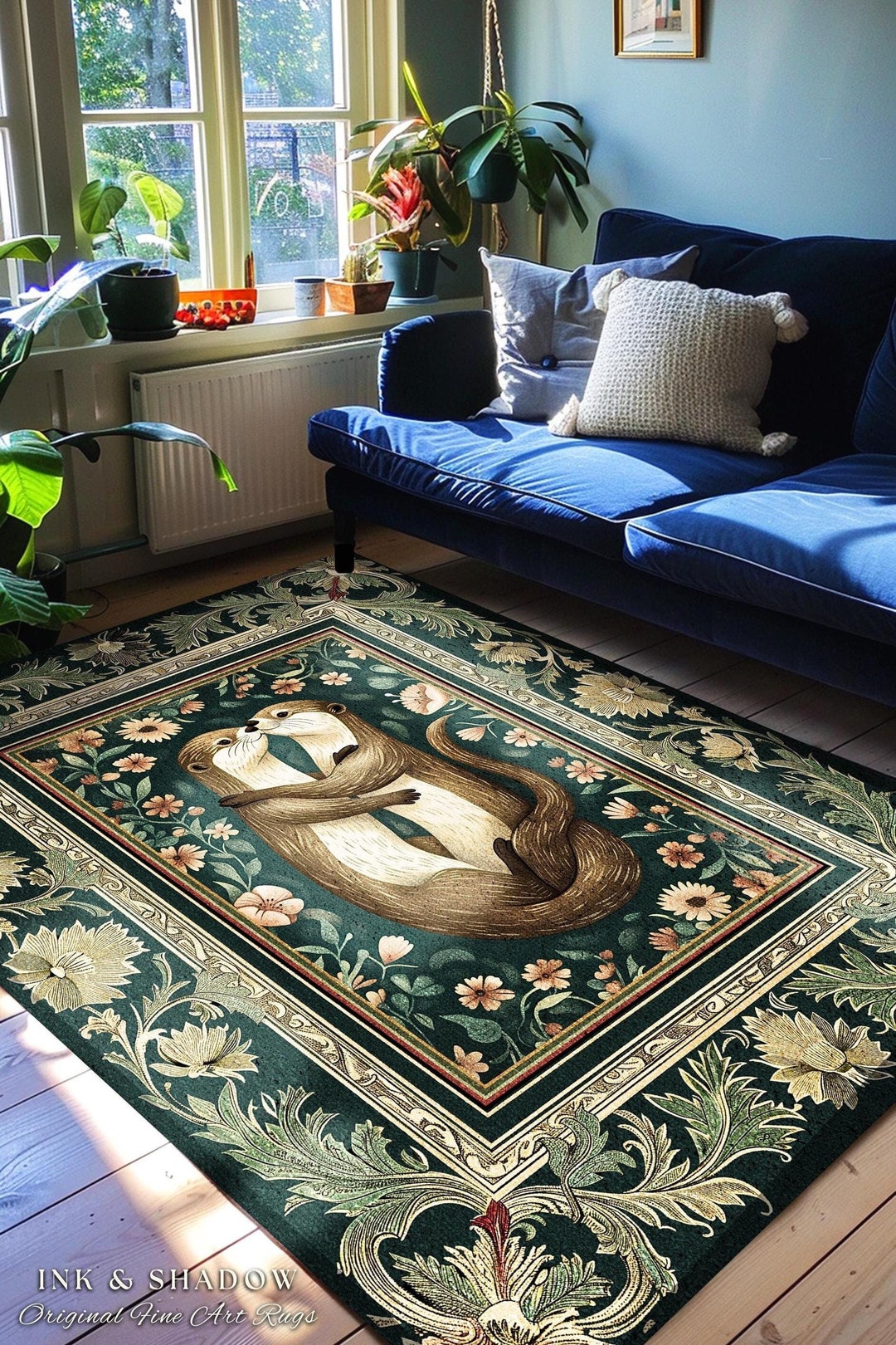 Otter Lovers Cute Cottagecore Rug | Whimsical Folklore Dark Botanical ...