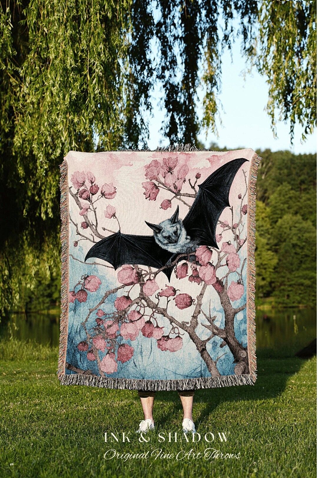 Cherry Blossom Bat Tapestry Woven Throw Blanket Pastel Decor Dark ...