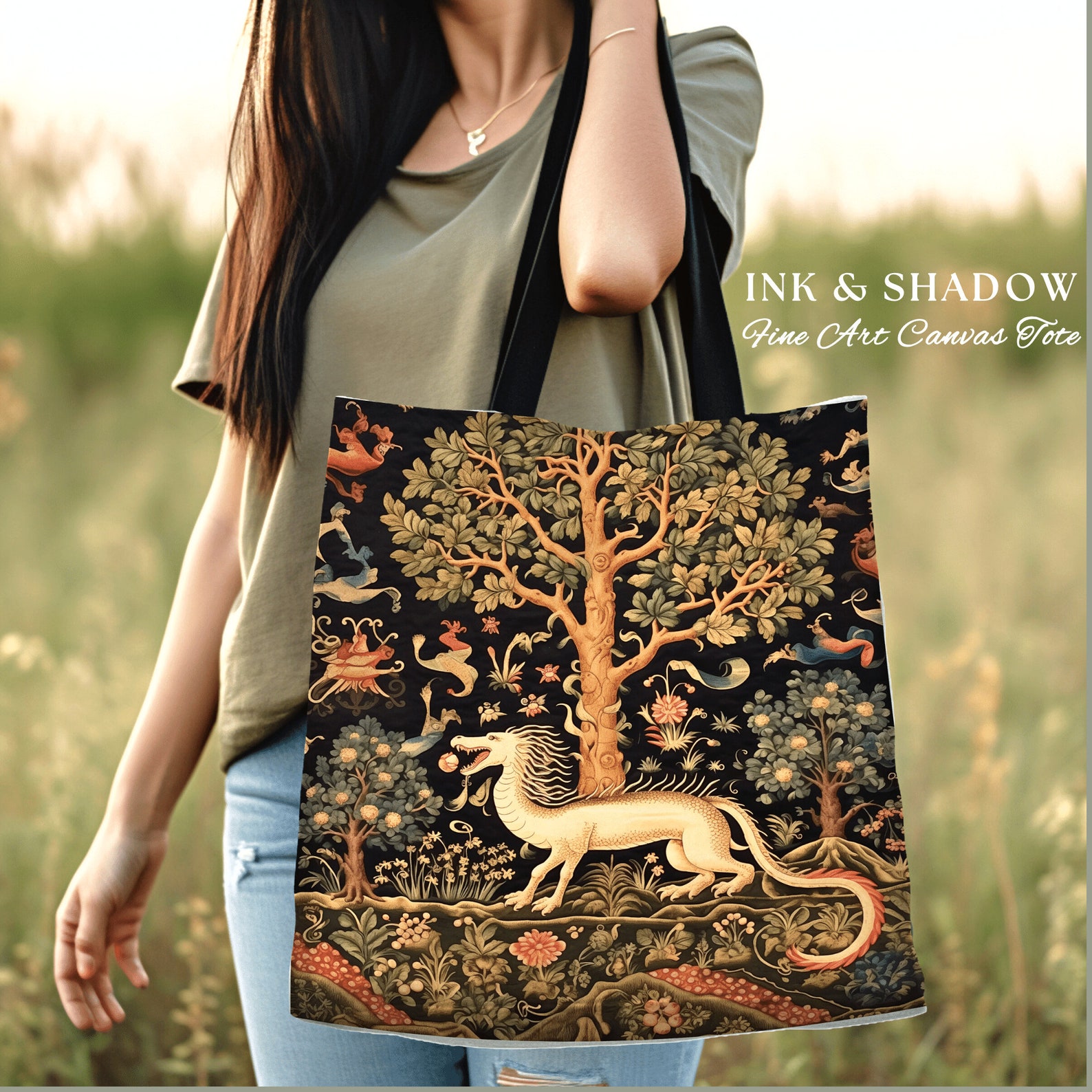 Rustic Dragon Tote Bag | Gift for Dragon Lover Dark Cottagecore Satchel ...