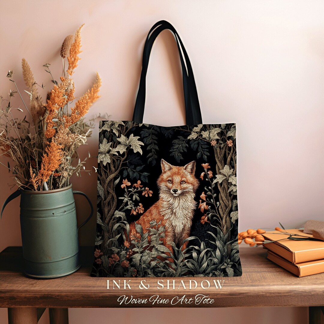 Boho Botanical Fox Tapestry Tote Dark Cottagecore William Morris ...