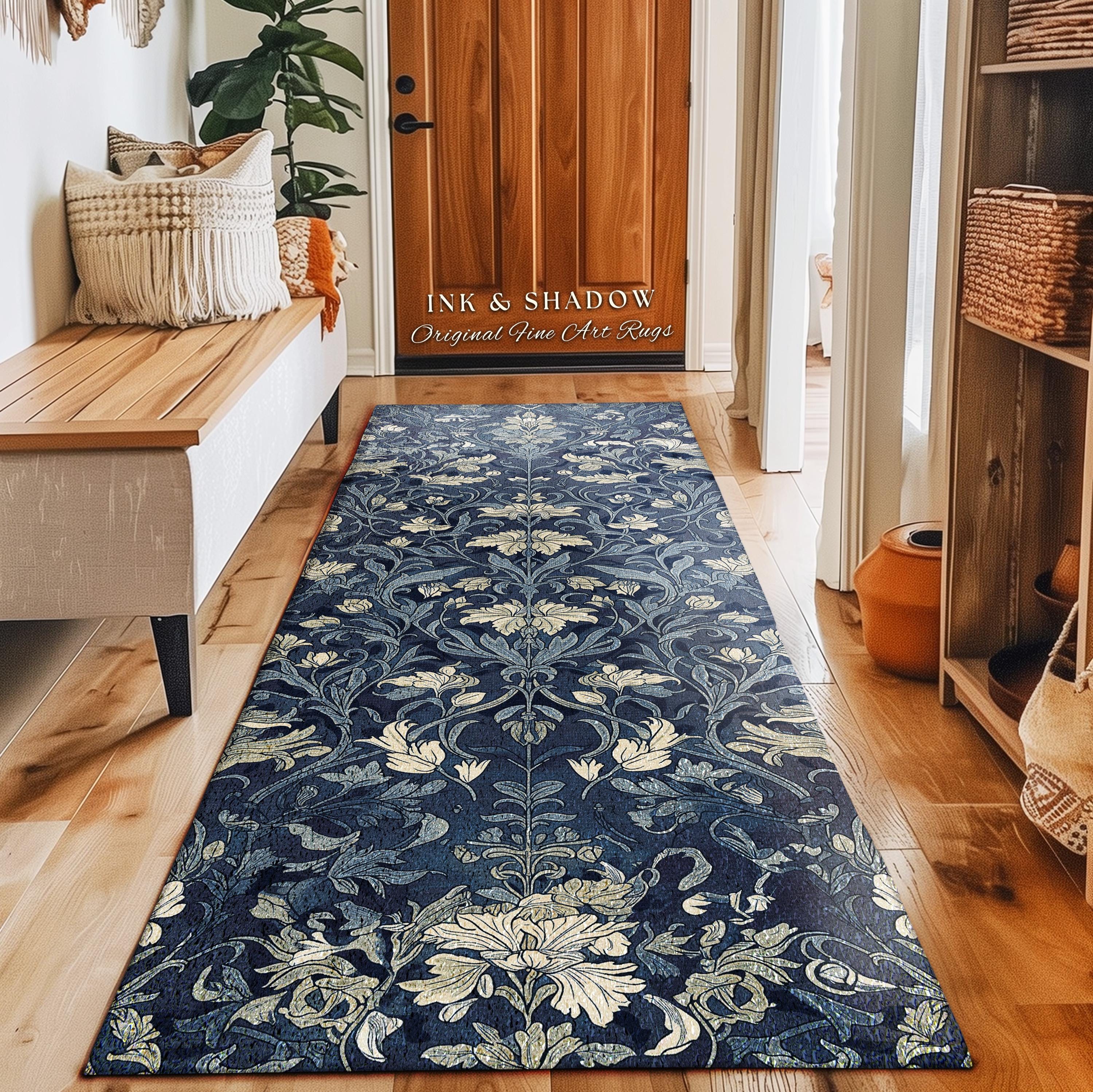Vintage Navy Dusty Blue Rustic Floral Hallway Rug, Dark Cottagecore ...