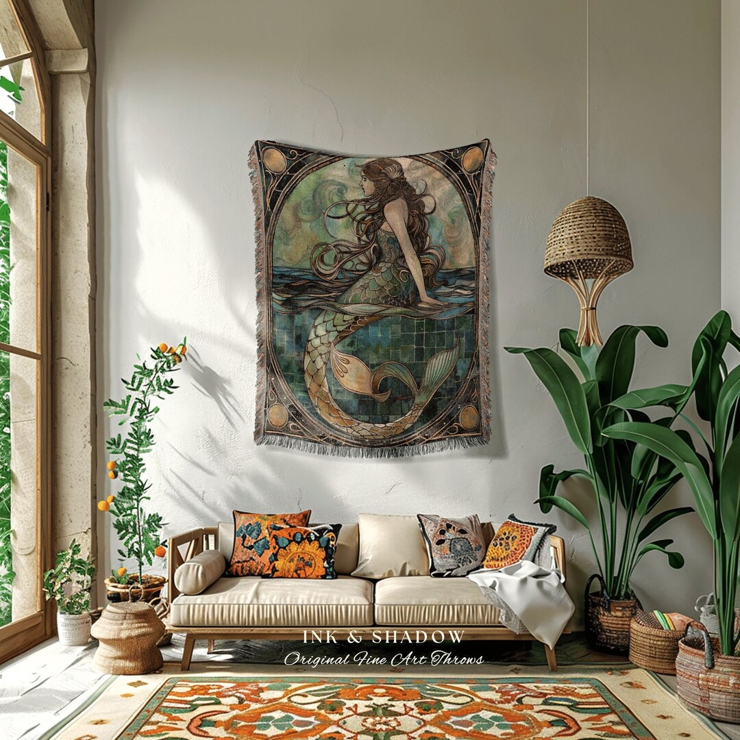 Woven Art Nouveau Mermaid Tapestry | Fairycore Bedroom Celestial Siren ...