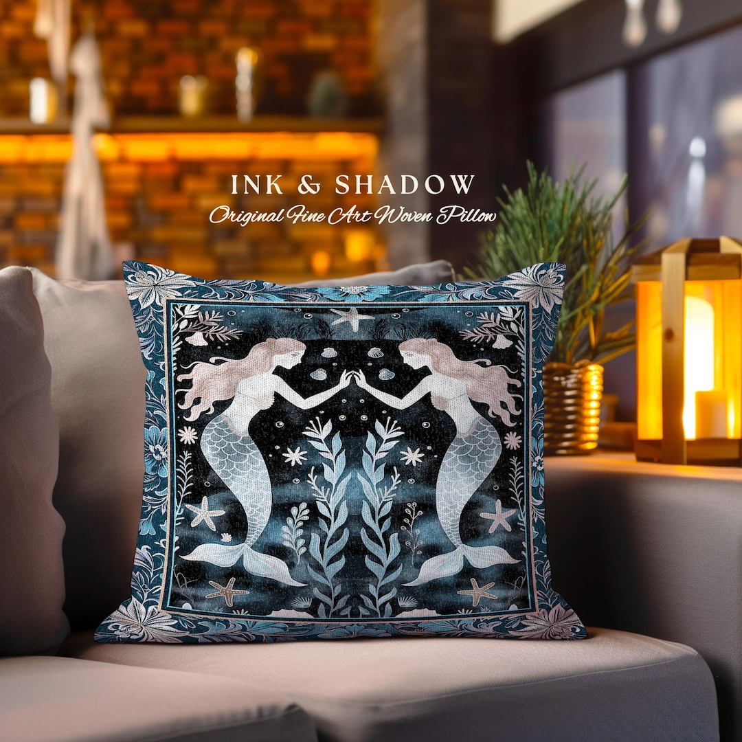 Mystical Midnight Blue Mermaid Pillow Floral Oceanic Tapestry Cushion ...