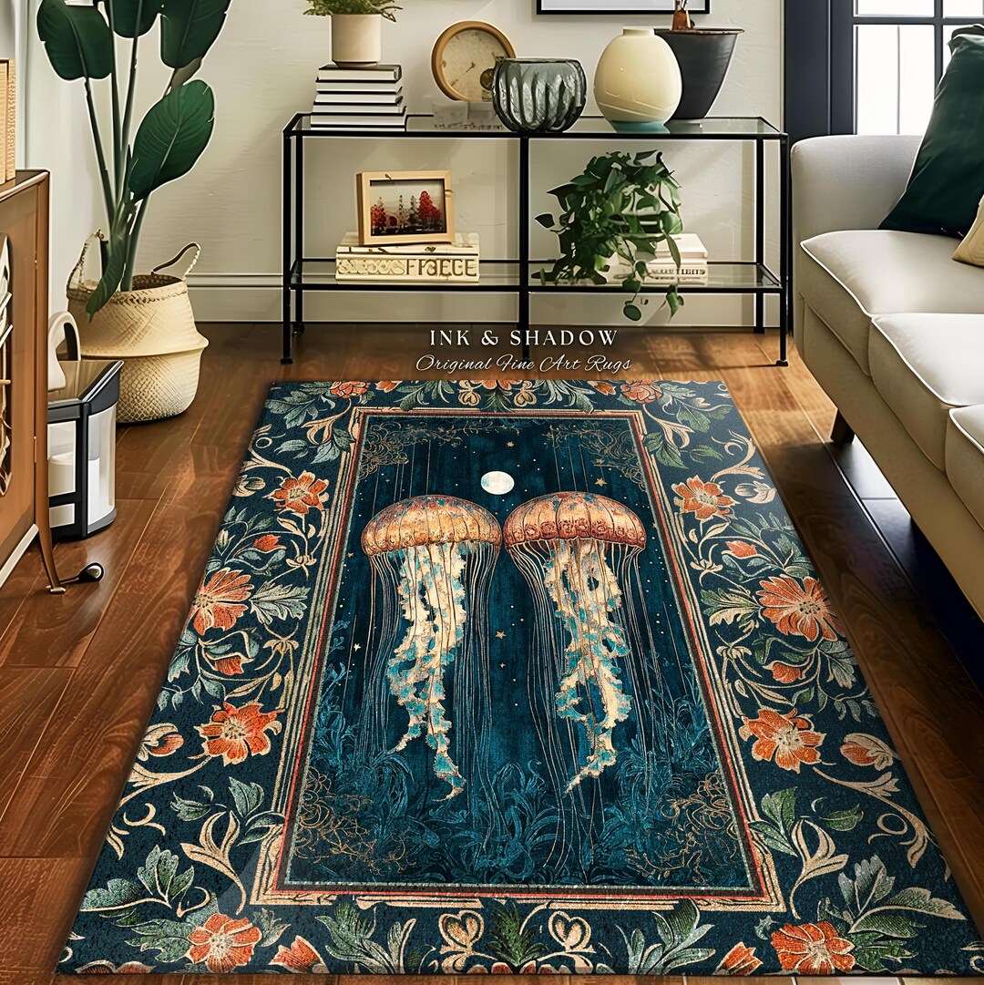Deep Sea Wonders Jellyfish Rug | Floral Botanical Ocean Lover Rug Deep ...