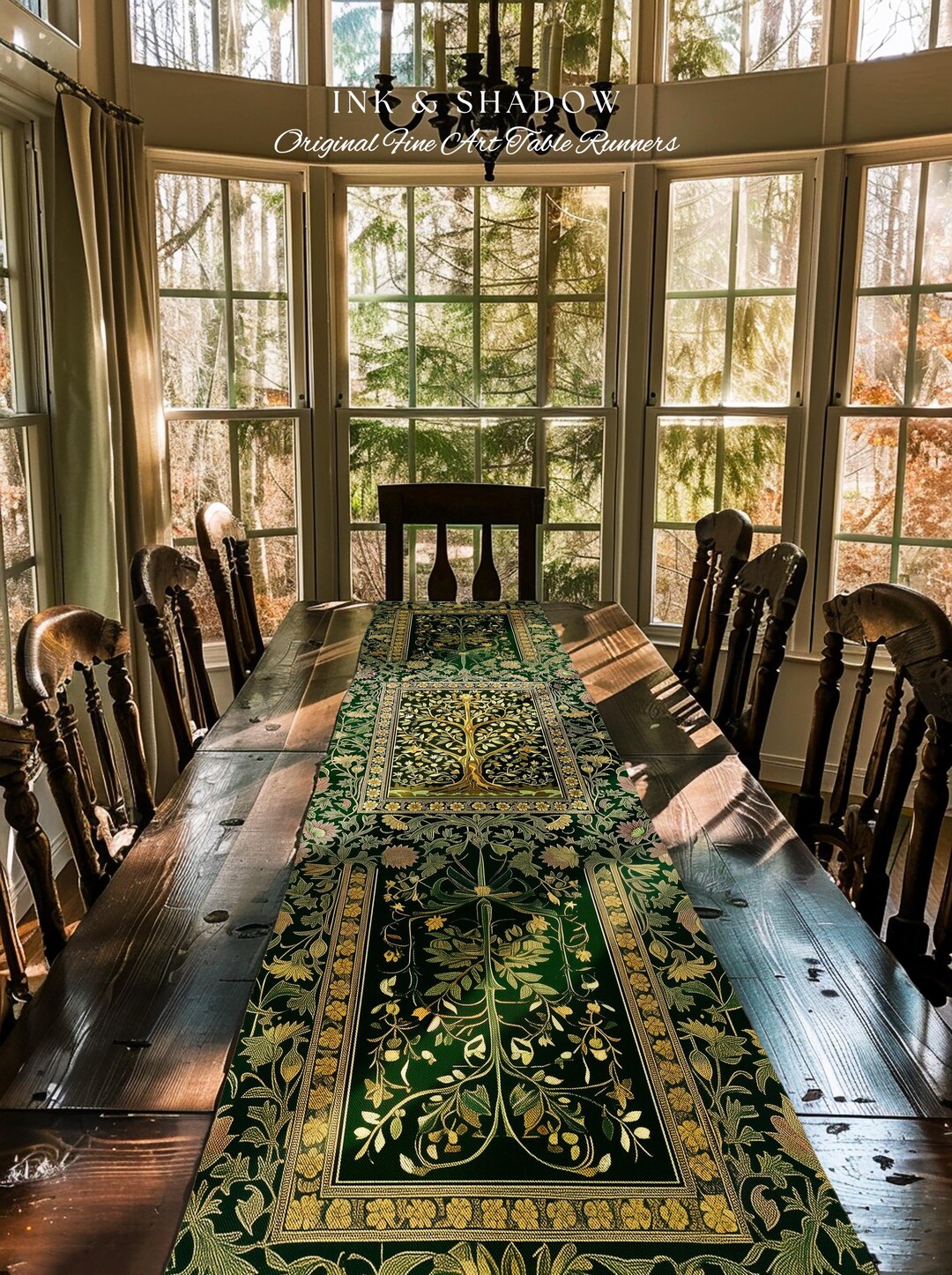 Golden Aesthetic Tree of Life Table Runner | Emerald Botanical Decor ...