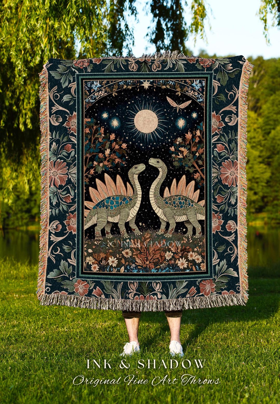 Whimsical Forestcore Mystical Dinosaur Tapestry Throw Starry Night ...