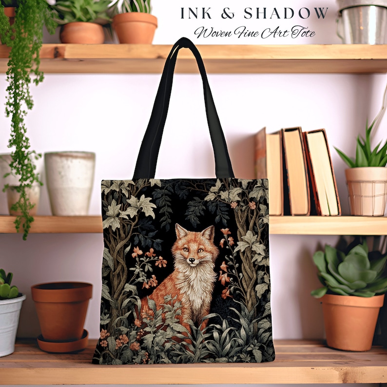 Boho Botanical Fox Tapestry Tote | Dark Cottagecore William Morris ...