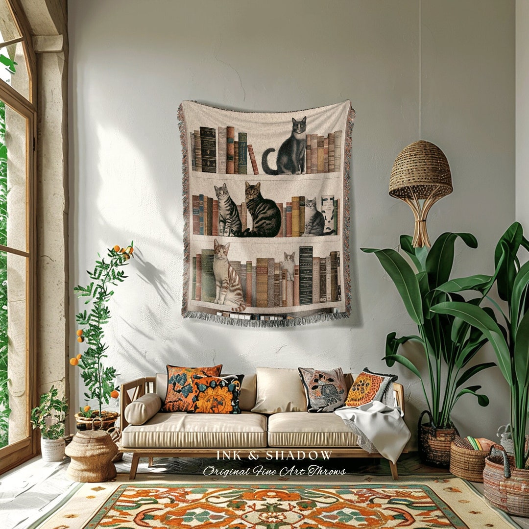Boho Cat Tapestry Woven Cottagecore Gift for Bookworm Eclectic Cat ...