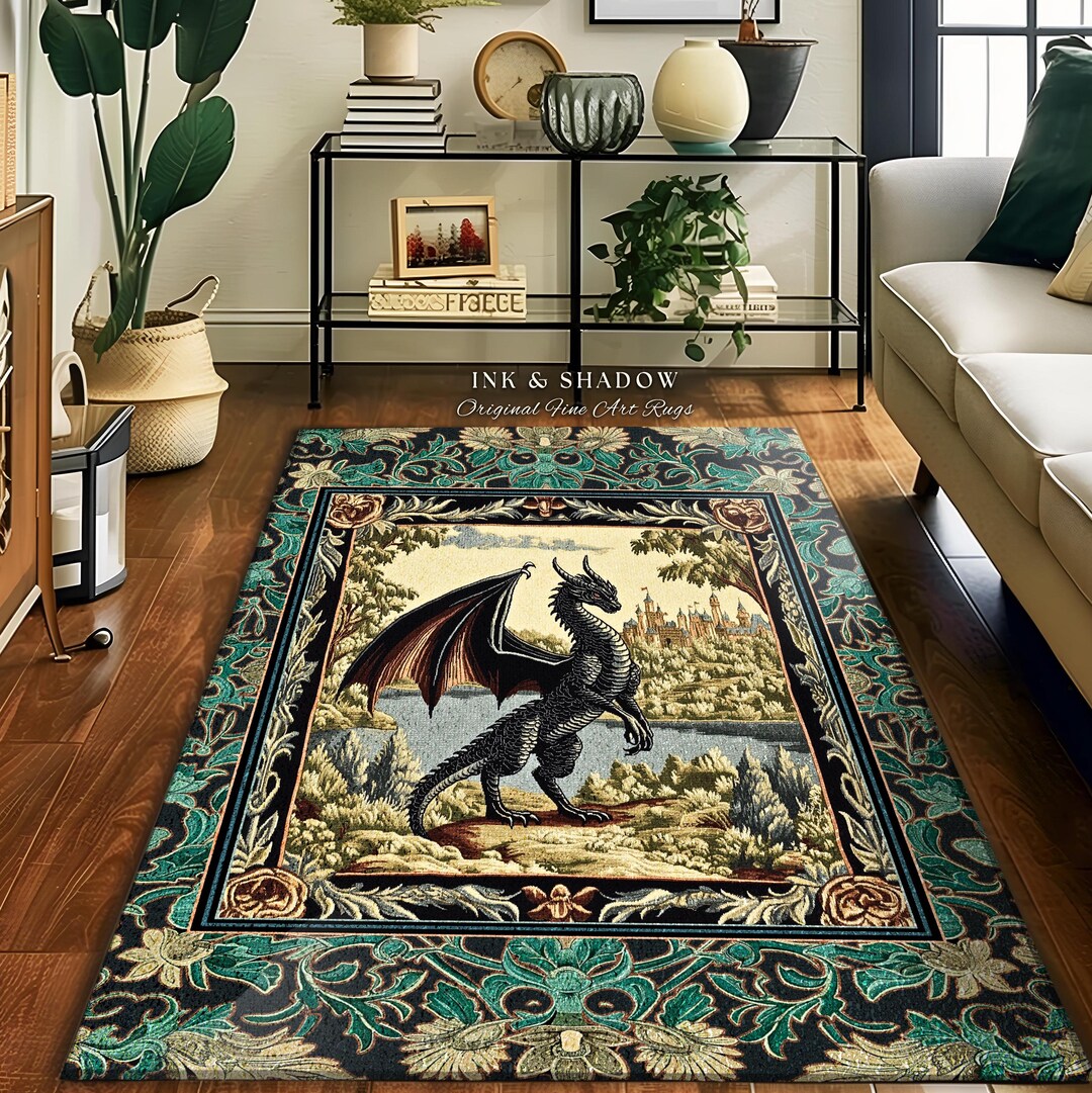 Dark Medieval Storybook Dragon Rug | Fairytale Theme Ornate Dark ...