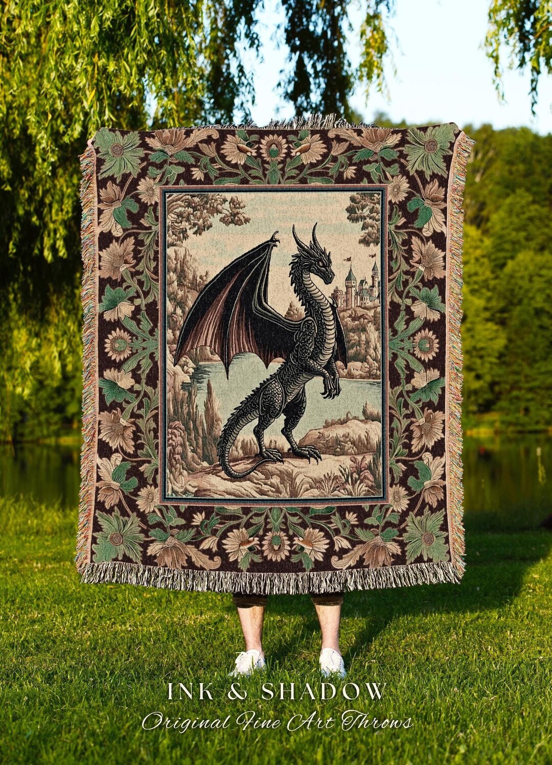 Dark Maximalist Dragon Throw Blanket Woven | Victorian Floral Woodland ...