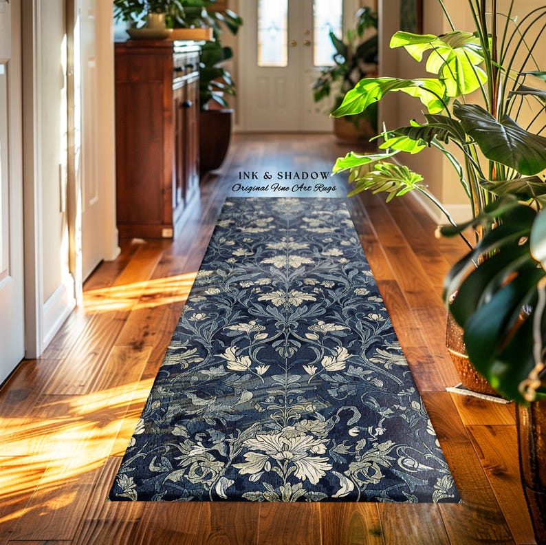 Vintage Navy Dusty Blue Rustic Floral Hallway Rug, Dark Cottagecore ...