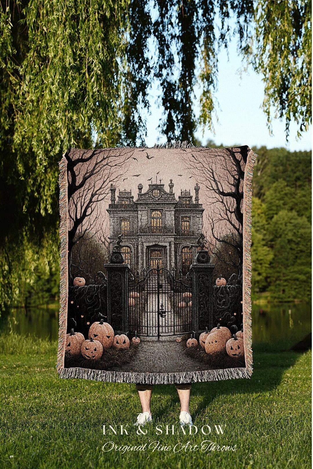Spooky Mansion Halloween Blanket Woven Tapestry | Gothic Painting ...