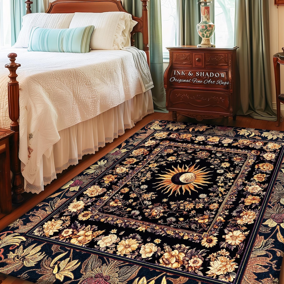 Cosmic Elegance Celestial Area Rug | Dark Cottagecore Moon and Sun ...