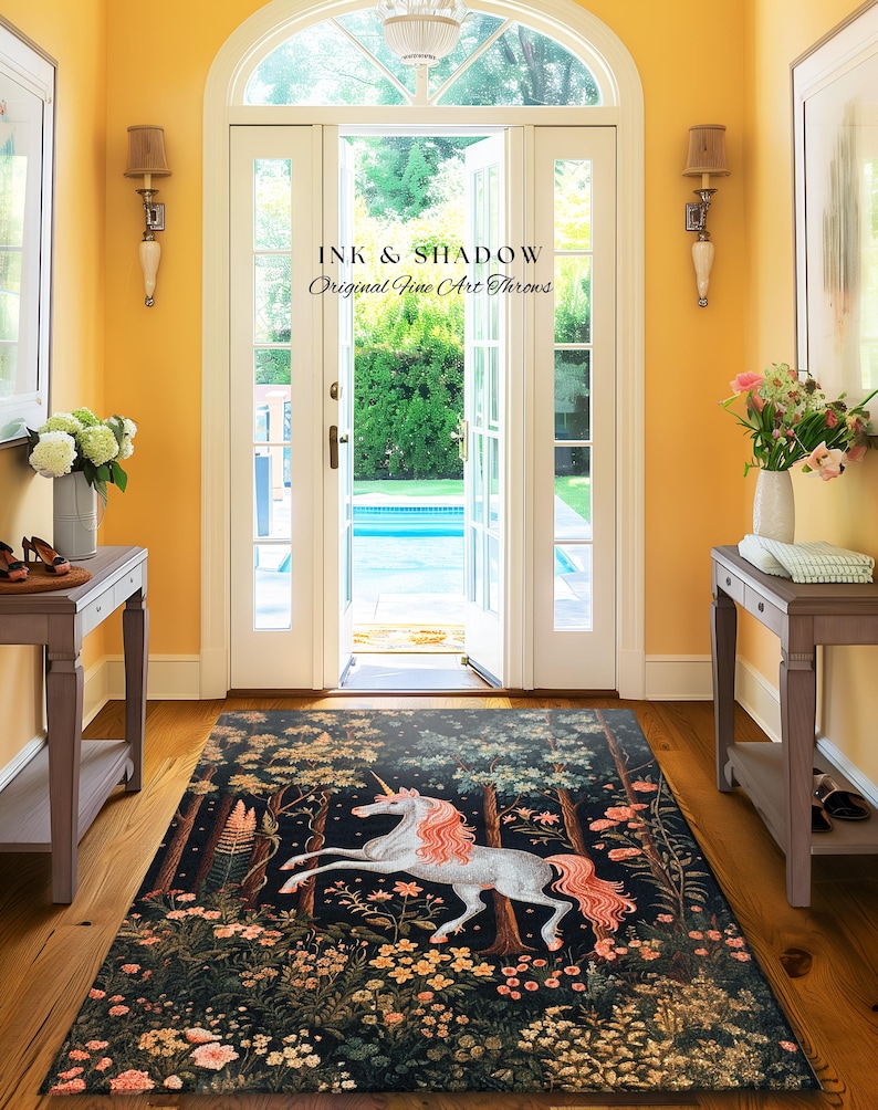 Whimsical Floral Unicorn Runner Rug Woodland Magical Folklore Aesthetic ...