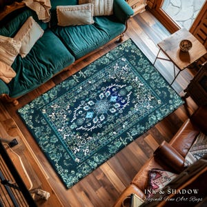 Deep Sea Green Room Accent Rug | Classic Ornate Statement Rug With Blue ...