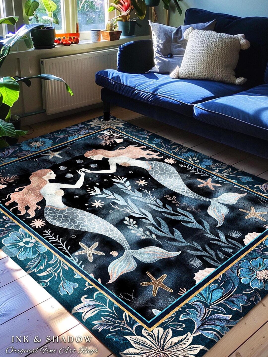 Mystical Midnight Blue Mermaid Rug Floral Oceanic Decor, Art Nouveau ...