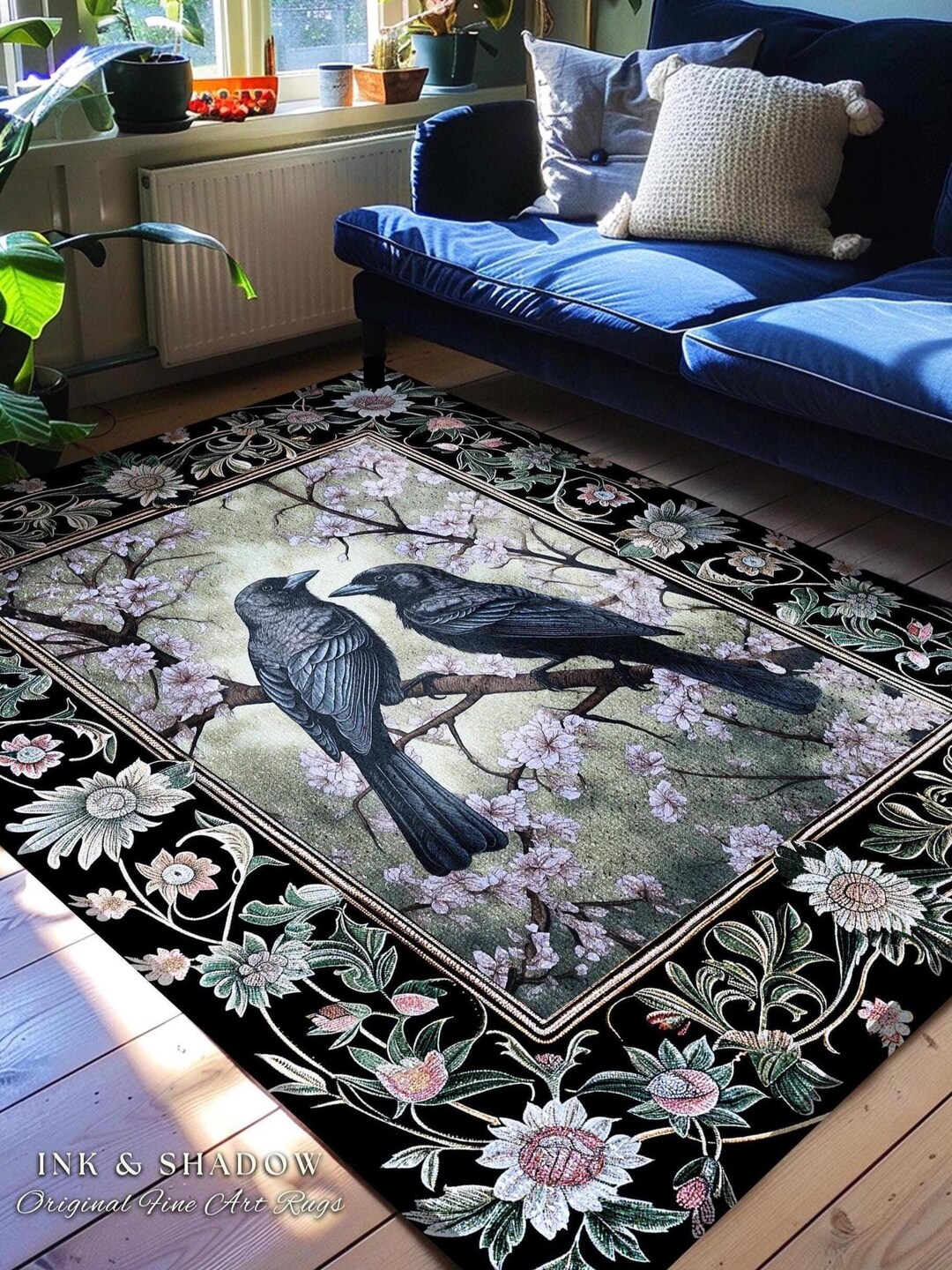 Whimsigoth Floral Raven Rug Crowcore Whimsical Woodland Gothic ...
