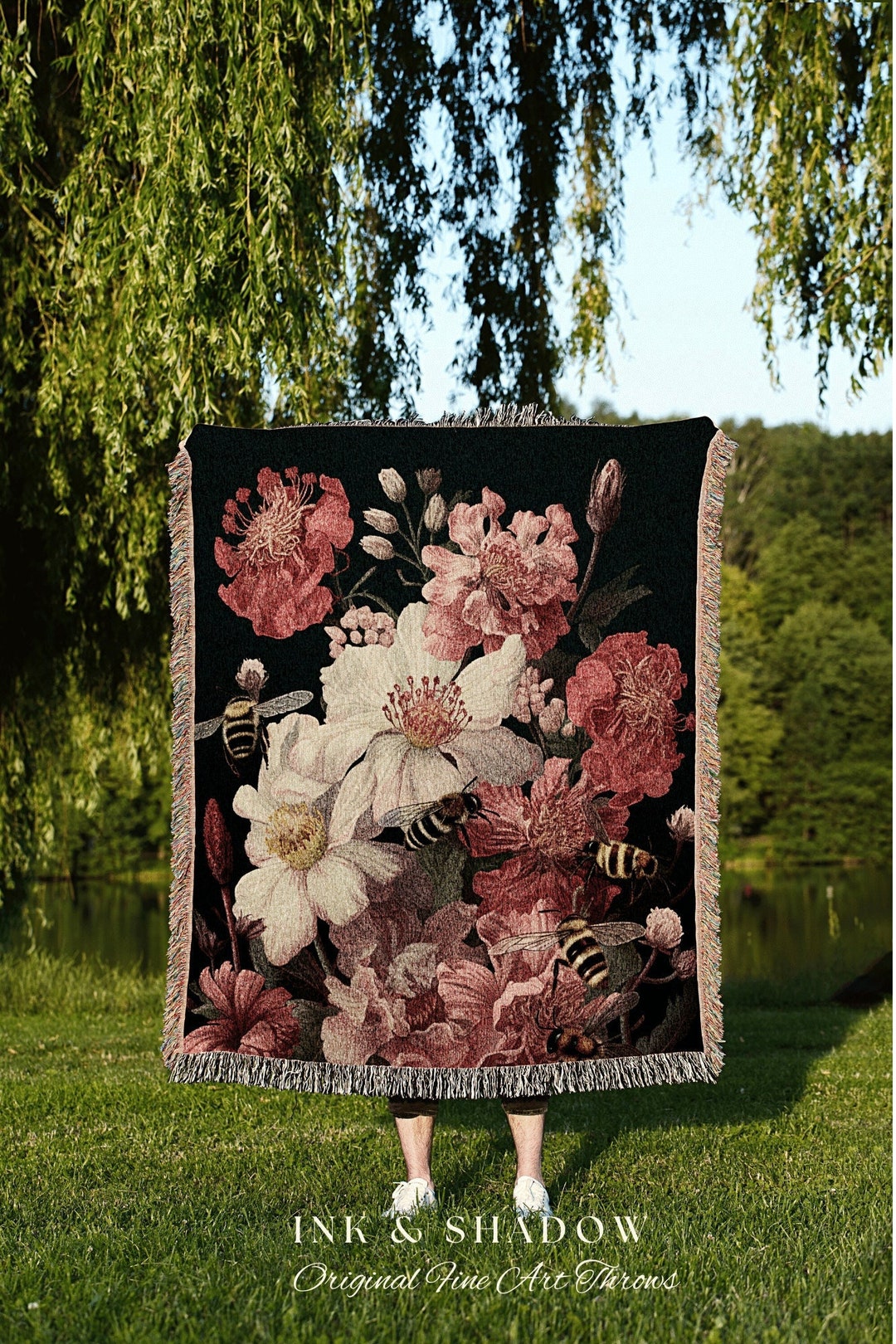 Victorian Gothic Bee Blanket Woven Wall Hanging Vintage Floral Painting ...