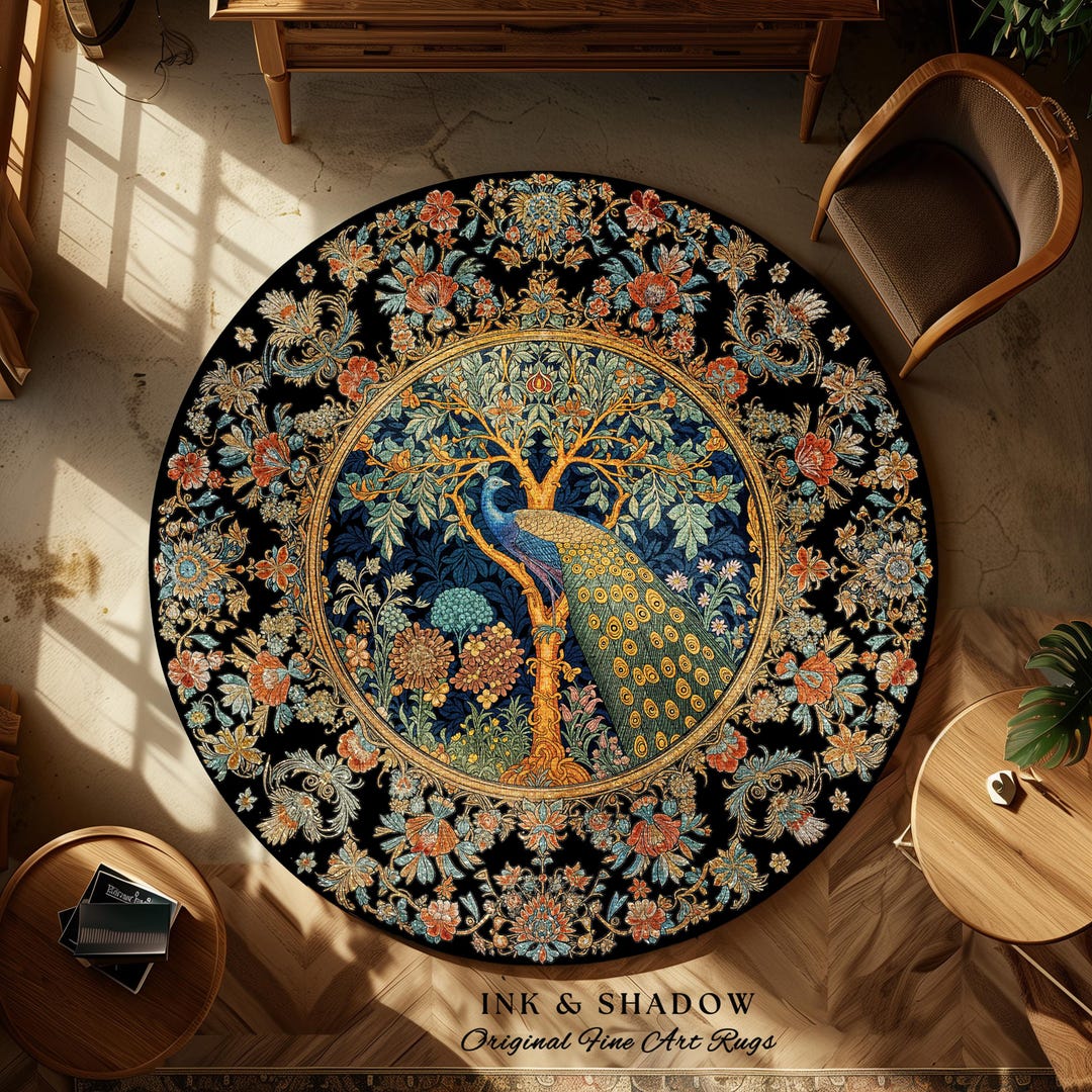 Ornate Medieval Inspired Cottagecore Round Peacock Accent Rug ...