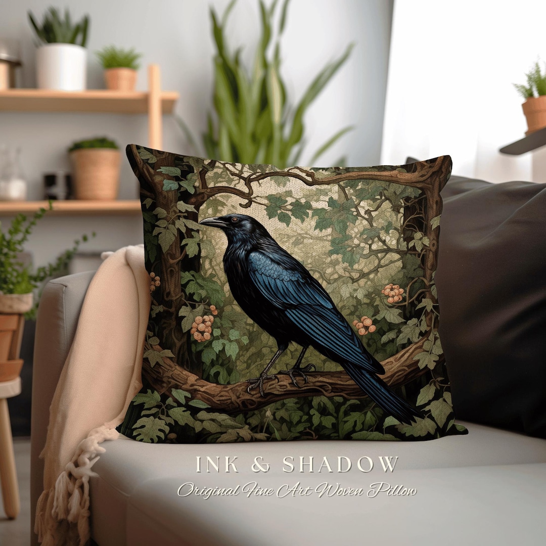 Forestcore Dark Botanical Raven Throw Pillow Woven Whimsigothic Art ...