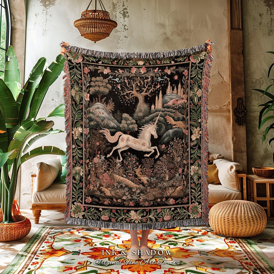 Fairytale Unicorn Tapestry Blanket | Folklore Aesthetic Room Decor ...