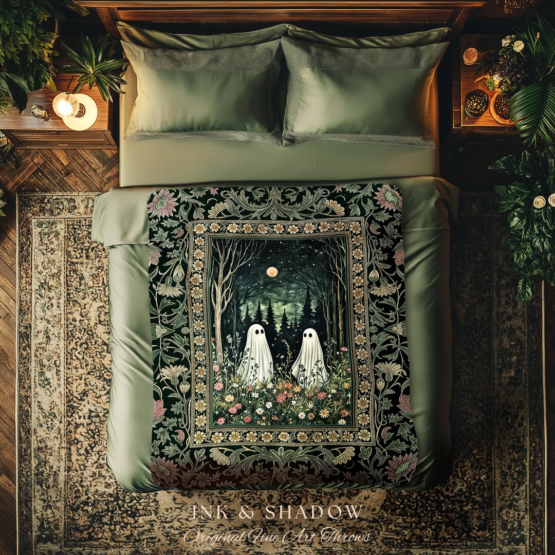 Gothic Sage Green Ghosts Blanket | Woven Tapestry Woodland Spirits ...