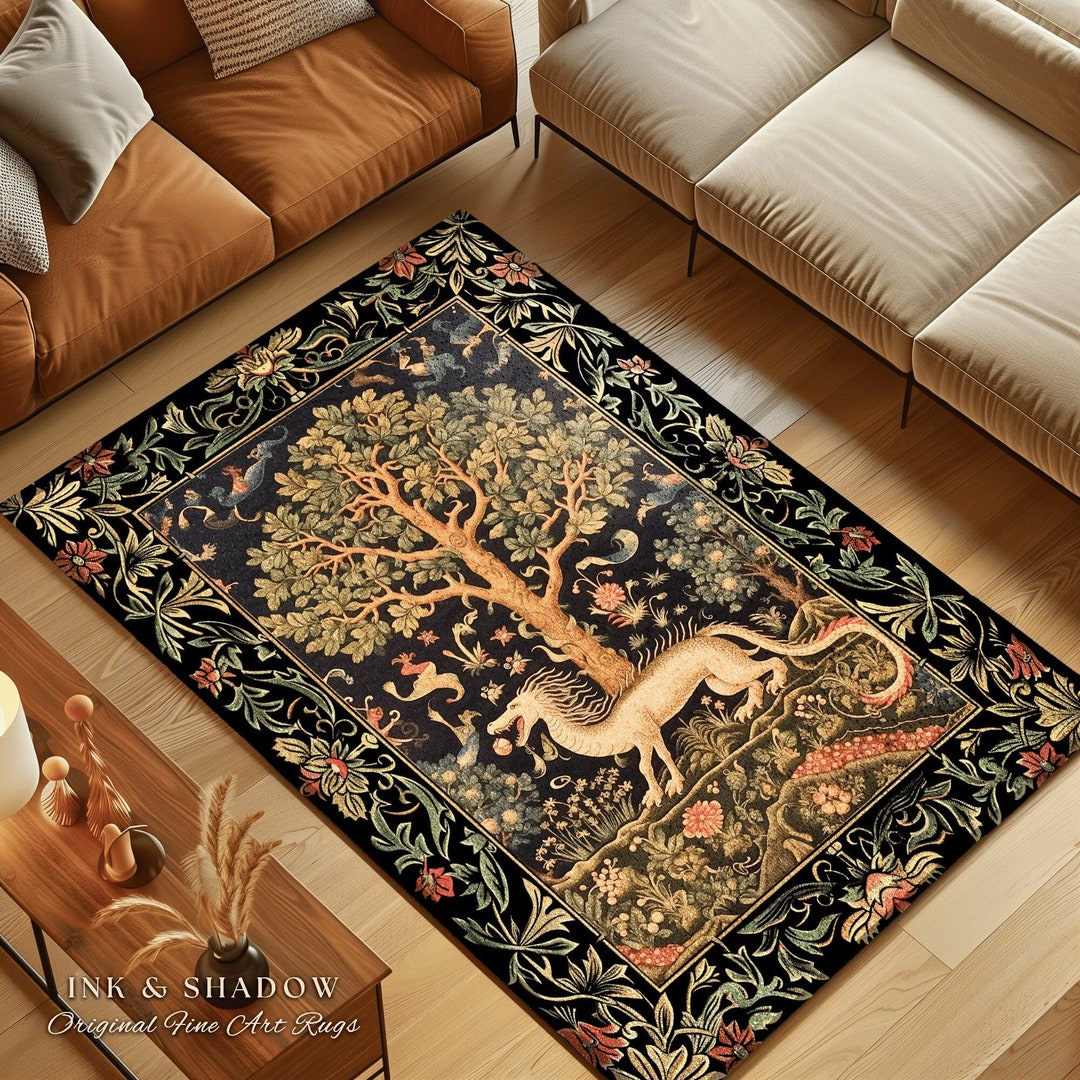 Folk Art Dragon Rug Mystical Home Decor Morris Style Bedroom Fairy Core ...