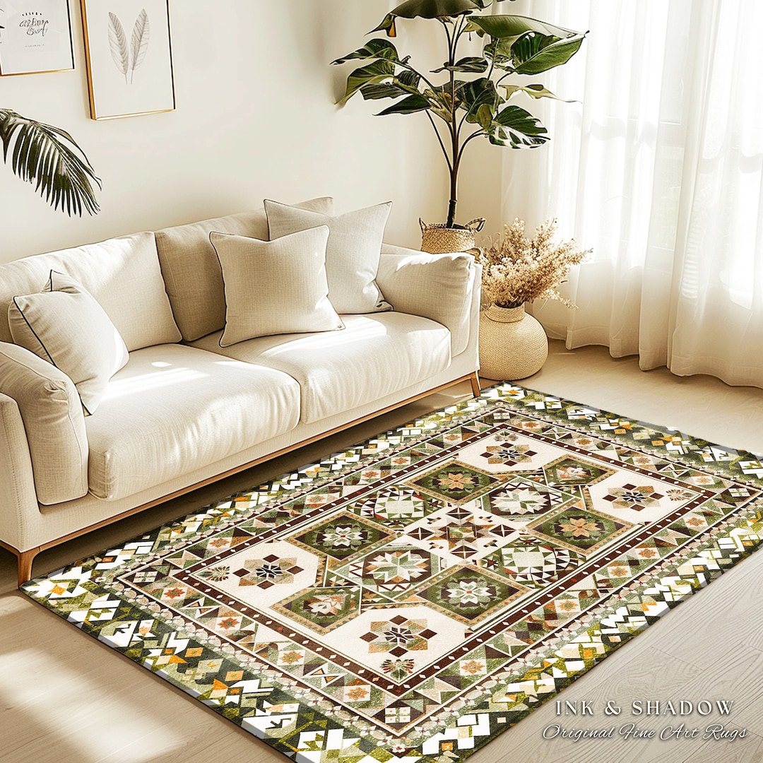 Nordic Inspired Earth Tone Rug | Geometric Rug With Sage Green Detail ...