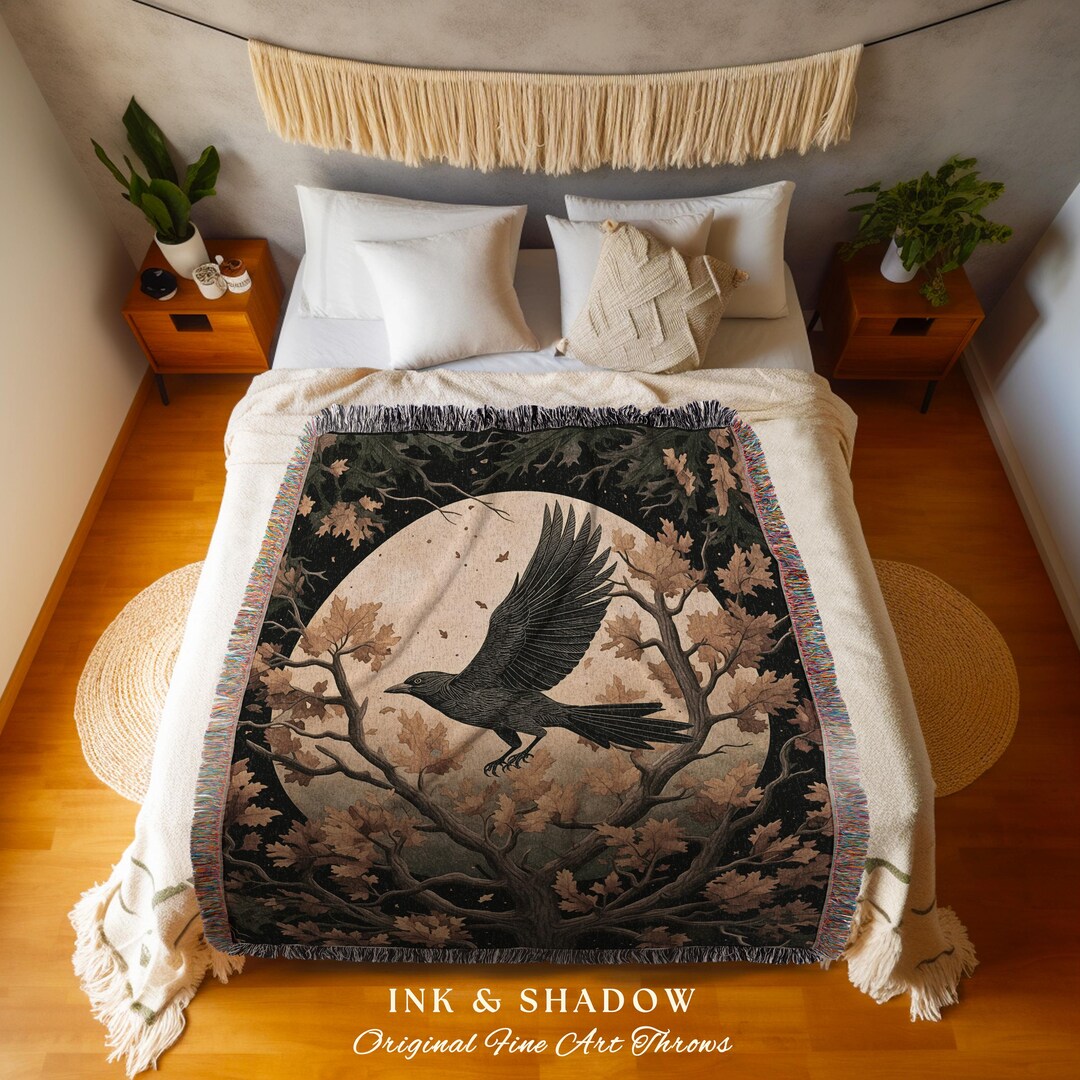 Moonlit Raven Home Decor Woodland Gothic Tapestry Throw Vintage ...