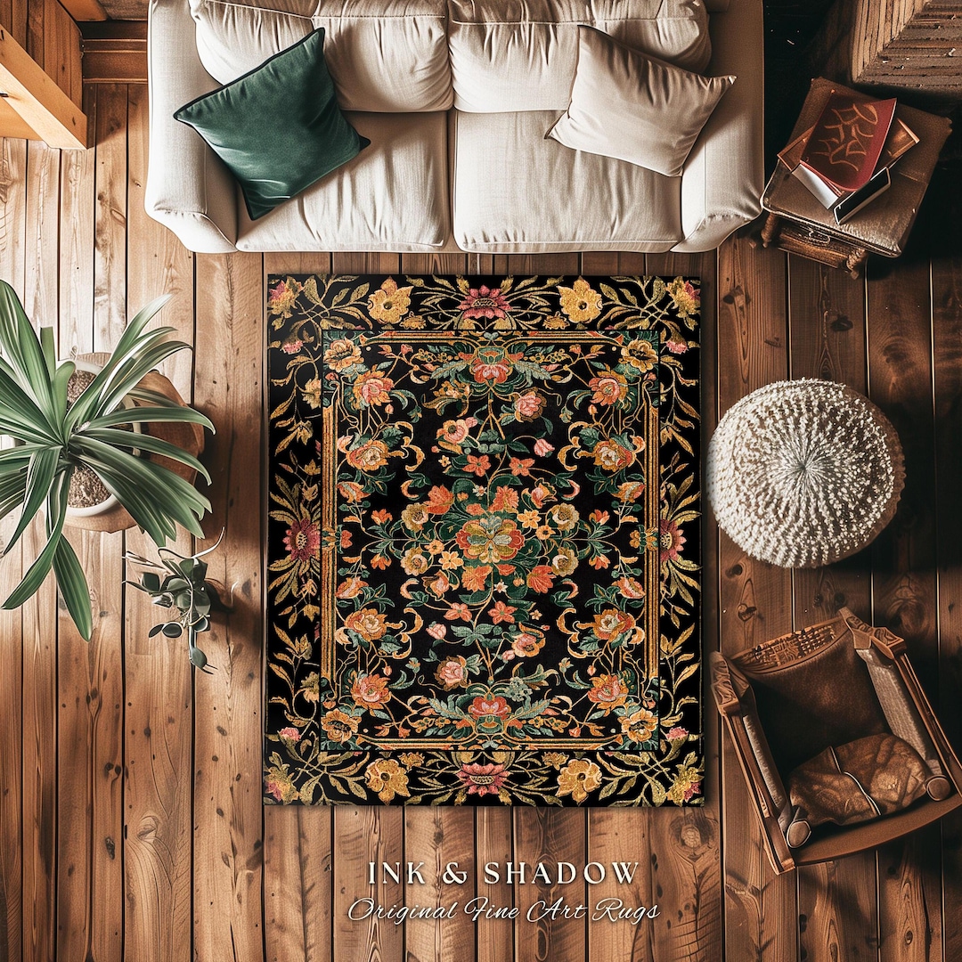 Dark Floral Cottagecore Rug | Bohemian Aesthetic Living Room Home Decor ...